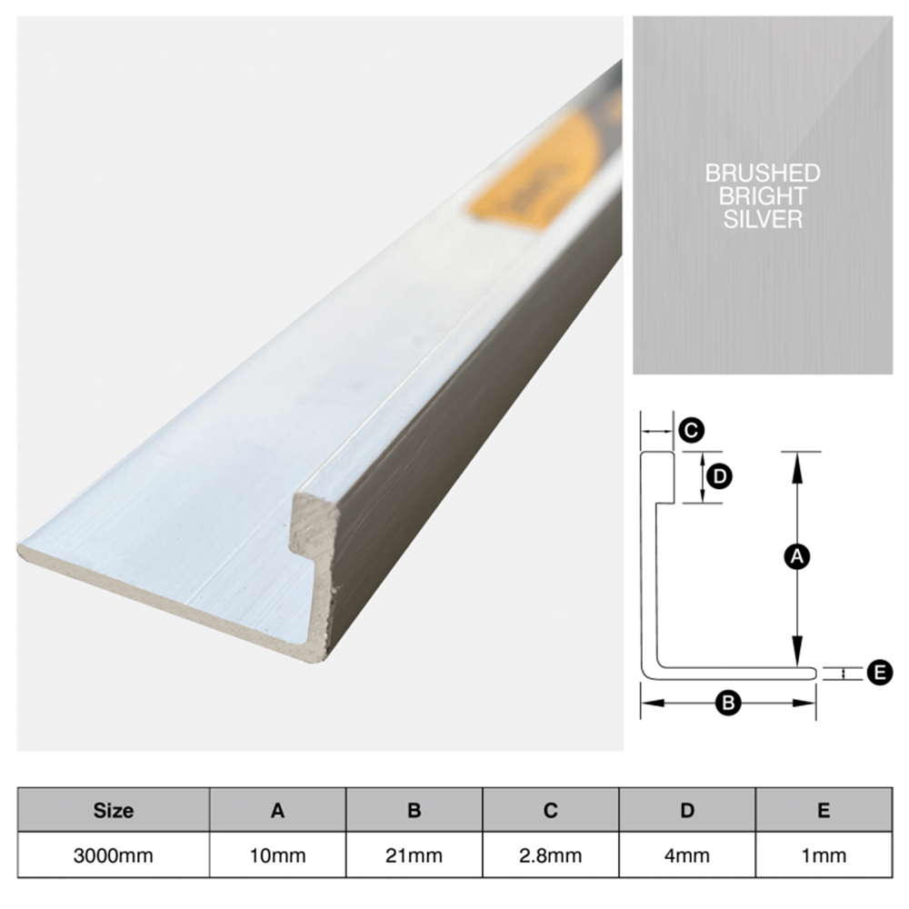 L Shape Trim Aluminium 3m - Brushed Bright Silver